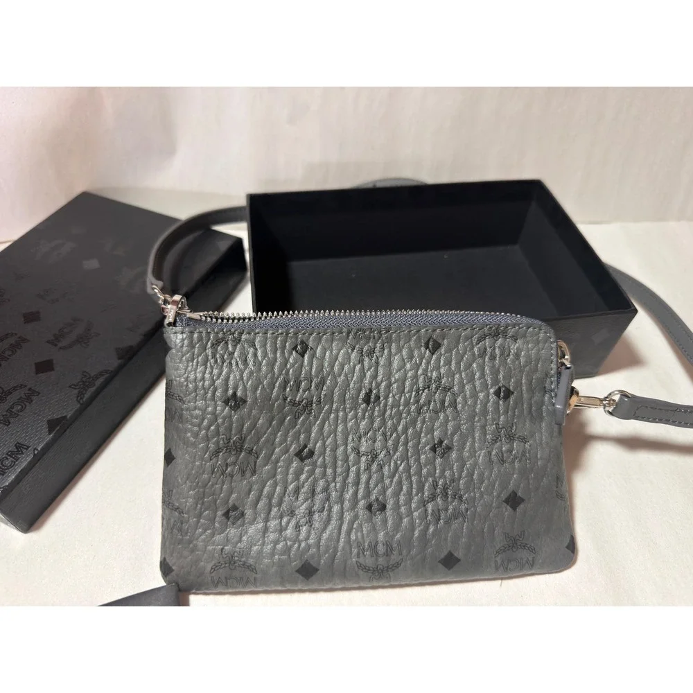 MCM | Bags | Mcm Grey Visetos Monogram Pebbled Leather Crossbody Belt ...